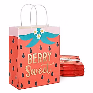 Sparkle and Bash Strawberry Gift Bags with Handles for Berry Sweet Birthday Party Favors (10 x 8 x 4 In, 24 Pack)