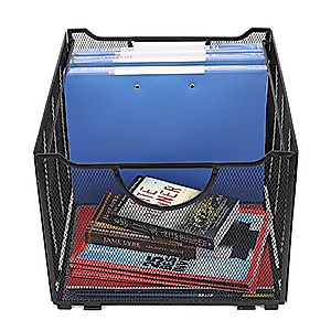 Flexzion File Folder Box (2 Pack) Metal Mesh Filling Holder Rack for Hanging Legal Letter Size Folders, Storage Basket with Handle, Collapsible Container Bin, Foldable Crate for Desktop Home Office