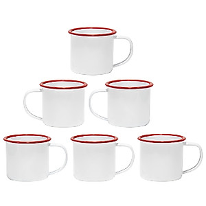 Red Co. Set of 6 Enamelware Metal Small Classic 5 Oz Round Coffee and Tea Mug with Handle, Solid White/Red Rim