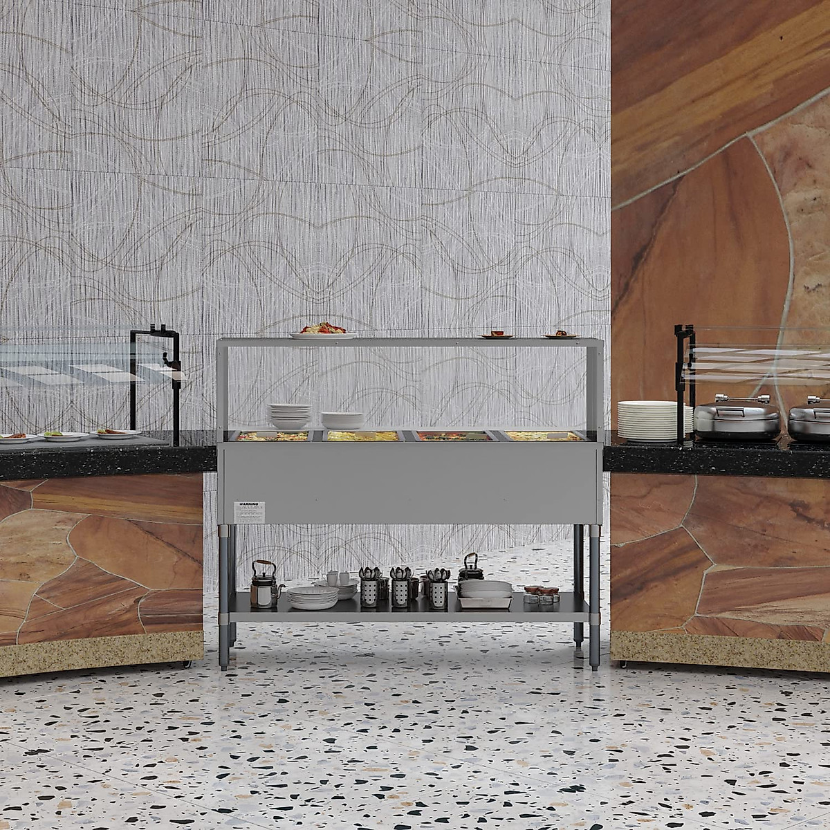 KoolMore 4-Pan Open Well Commercial Electric Stainless Steel Steam Table Food Warmer for Buffets with Sneeze Guard, Overshelf, Undershelf, Warming Control Knobs [120V] (KM-OWS-4SG), Silver