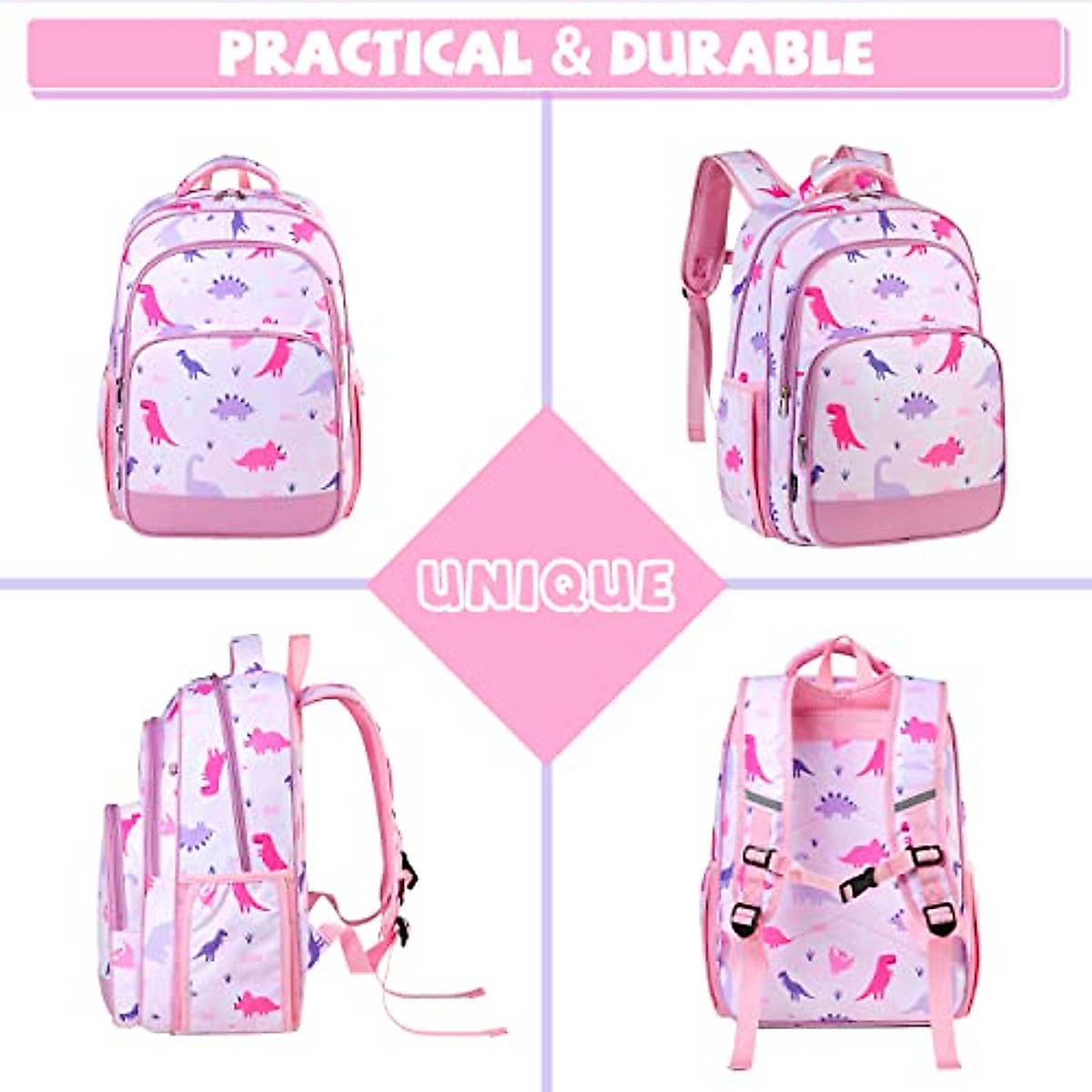 VASCHY School Backpack for Girls, 16in Water Resistant Backpack for Kids Preschool/Primary/Elementary Schoolbag Bookbag for Girls with Tablet Sleeve Pink Dino