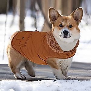 Queenmore Warm Dog Coat, Cold Weather Puffer Dog Coat, Quilting Winter Dog Jacket Ultra Thick Plush Lining with Storage Pockets (Brown, Large)