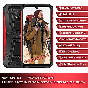 Ulefone Armor 8 Rugged Cell Phones Unlocked, Waterproof Phone 4GB RAM 64GB ROM 256GB Expansion, 16MP+5MP+2MP Camera, Android 11 Octa-core, 6.1 inch Display, NFC, OTG, GPS, 5G WiFi, Global Version, Red