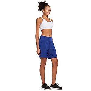 BALEAF Womens' 7 Inches Long Running Shorts Back Zipper Pocketed Athletic Gym Shorts with Liner Royal Blue Size L