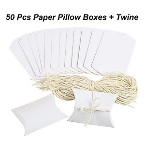 AKOAK Kraft Paper Pillow Box, Candy Favor Gift Boxes for Wedding Birthday and Christmas,Pack of 50 with 50 Pcs Jute Twines (White)