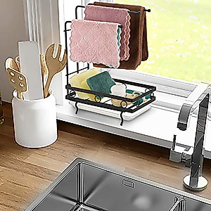 JUXYES Kitchen Sink Caddy Sponge Holder with Dishcloth Drying Rack, Kitchen Rag Stand Sponge Brush Soap Dish Dishcloth Rack Sink Storage Organizer for Kitchen Countertop (Black)