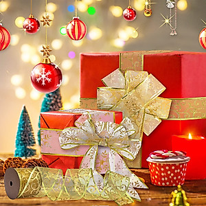 2.5'' Christmas Tree Ribbon Wired, 3 Rolls 30 Yards Gold Christmas Ribbon Mesh Swirl Sheer Glitter Snowflake Organza Ribbon for Christmas Tree Decorations Gift Wrapping, Crafts Garland Xmas Wreath