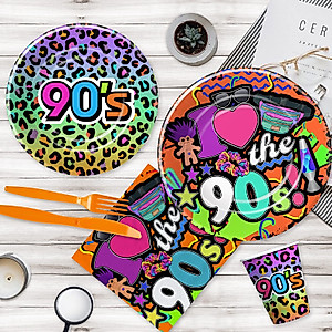 HIPVVILD 90's Party Decorations Tableware - 90s Theme Birthday Party Supplies Include Paper Plate, Cups, Napkins, Tablecloth, Cutlery, Straw, 90s Theme Birthday Party Decorations Dinnerware | Serve 24
