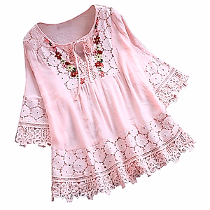 Aniywn Women Round Neck Lace Up Lace Patchwork Flare Pullover Top Casual Plus Size 3/4 Sleeve Floral Printed T-Shirt Pink
