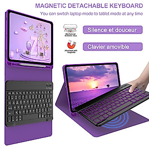for iPad Air 4th 5th Generation Case with Keyboard,7-Color Backlit Detachable Smart Folio Keyboard Cover with Pencil Holder,Soft TPU Back Cover Keyboard for iPad Pro 11" / iPad Air 4/5th 10.9",Purple