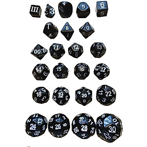 Black - 24 Unusual Dice Set - D3s, D4, D5, D6, D7, D8, D10, D, D11, D12, D13, D14, D15, D16, D17, D18, D19, D20, D22, D24, D26, D28 & D30