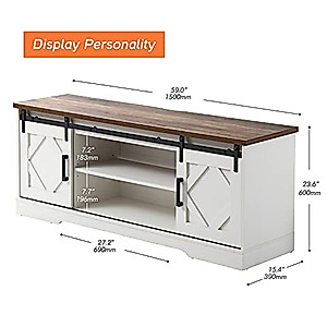 WAMPAT Farmhouse Sliding Barn Door TV Stand for TVs Up to 65 inch, Modern Storage Entertainment Center, Wood Media Console Table Cabinet 3-Level Adjustable Shelf for Living Room, White/Oak
