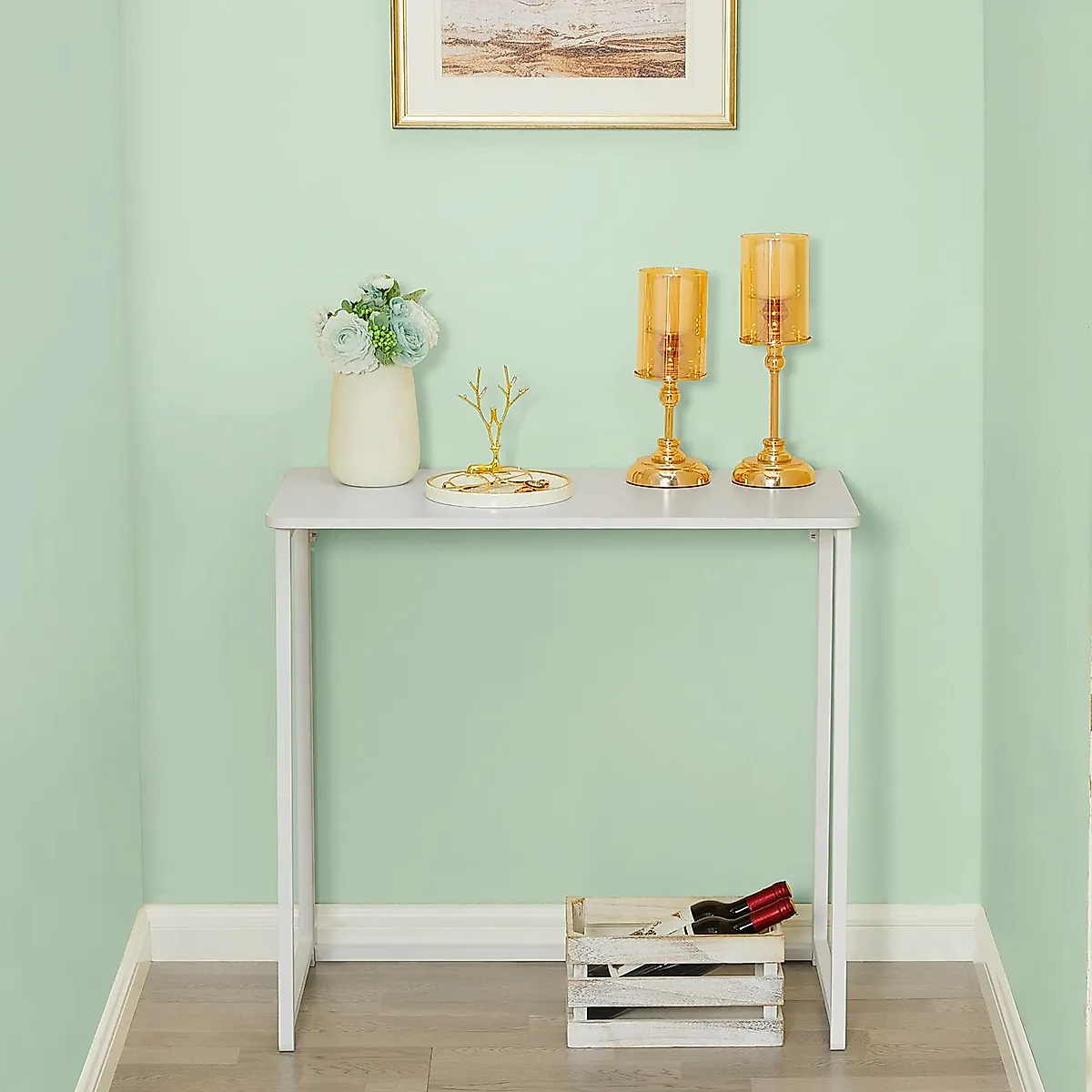 WOHOMO Folding Desk, 31.5" Small Desk for Small Spaces, Easy Assemble Foldable Computer Desk for Laptop, Mini Portable Working Table Narrow Wooden Writing Workstation for Home Office, White