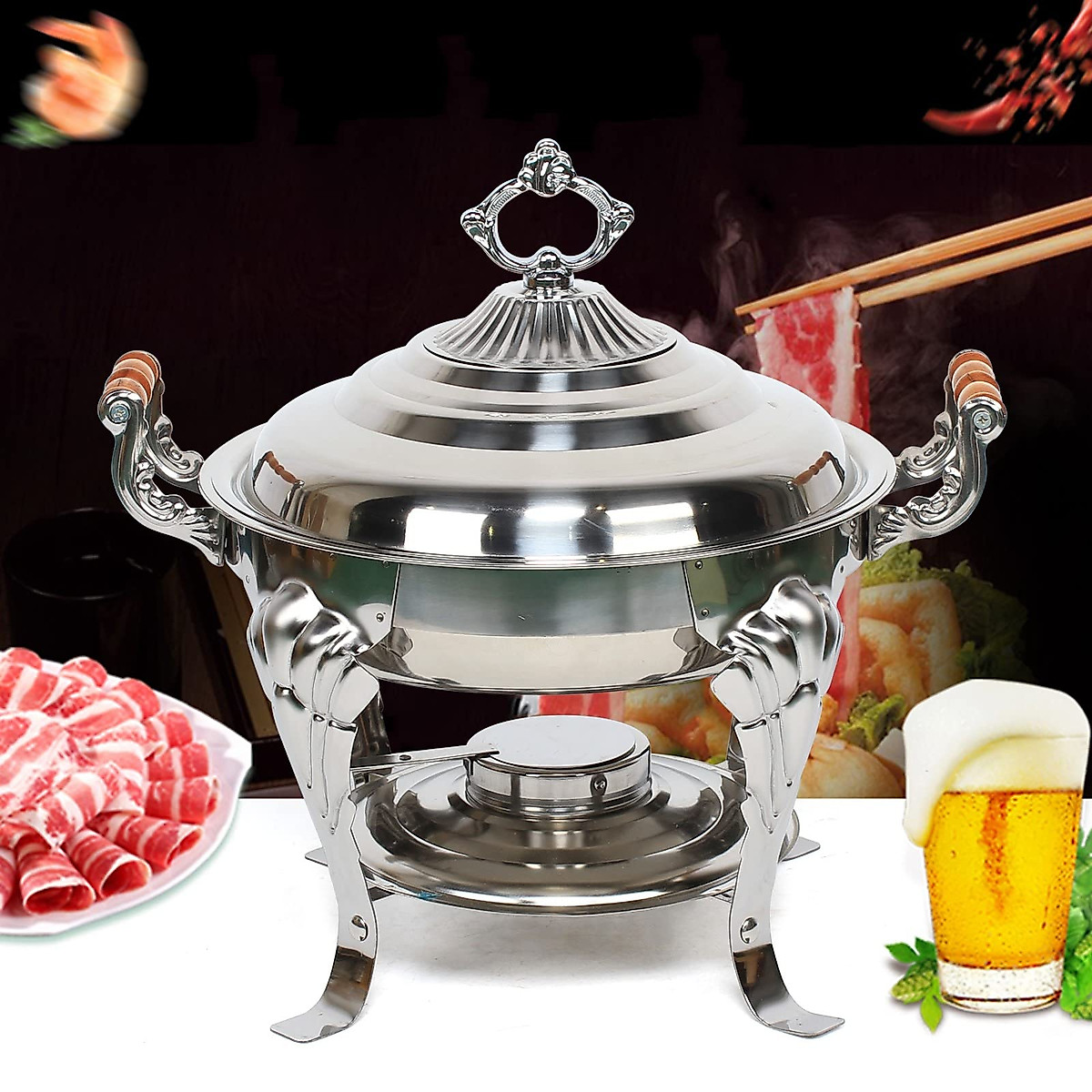 Chafing Dish Stainless Steel Round Durable Buffet Warmer Tray with Lid and Chafing Fuel Holder for Kitchen Party Dining Buffet