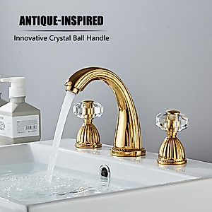 YANNLII Shiny Polished Gold Widespread Bathroom Sink Faucet,Two Crystal Handle Three Hole Brass Lavatory Vanity Faucet,8-16 Inch Basin Mixer Tap with Pop Up Drain Assembly,French Gold