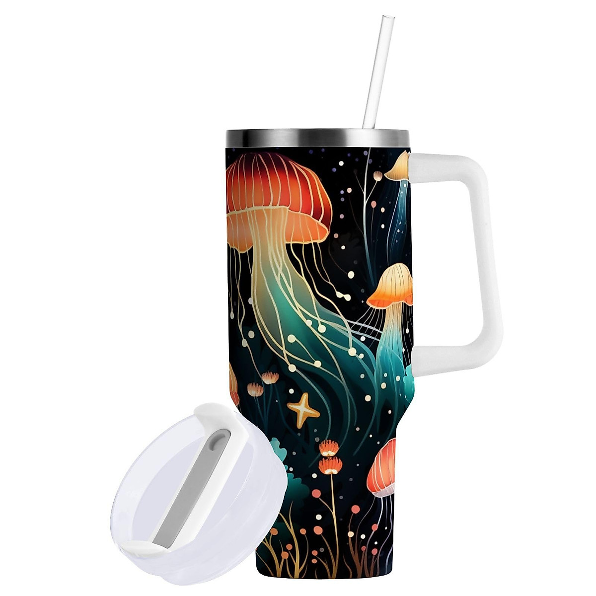 ARGTILDN 40 oz Tumbler Sea Jellyfish Glow Insulated Travel Mug with Handle and Straw Lid Stainless Steel Vacuum Coffee Cup Tea Beverage Container Water Bottles for Car Sports office