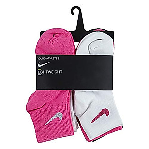 Nike Kids' Little Ankle Socks (6 Pairs), Pink Pow/White/Black Swoosh, 5/7