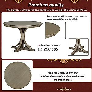 Dinehome 5-Piece Wooden Round Kitchen Dining Table Set with Curved Trestle Style Legs and 4 Upholstered Chairs, Taupe