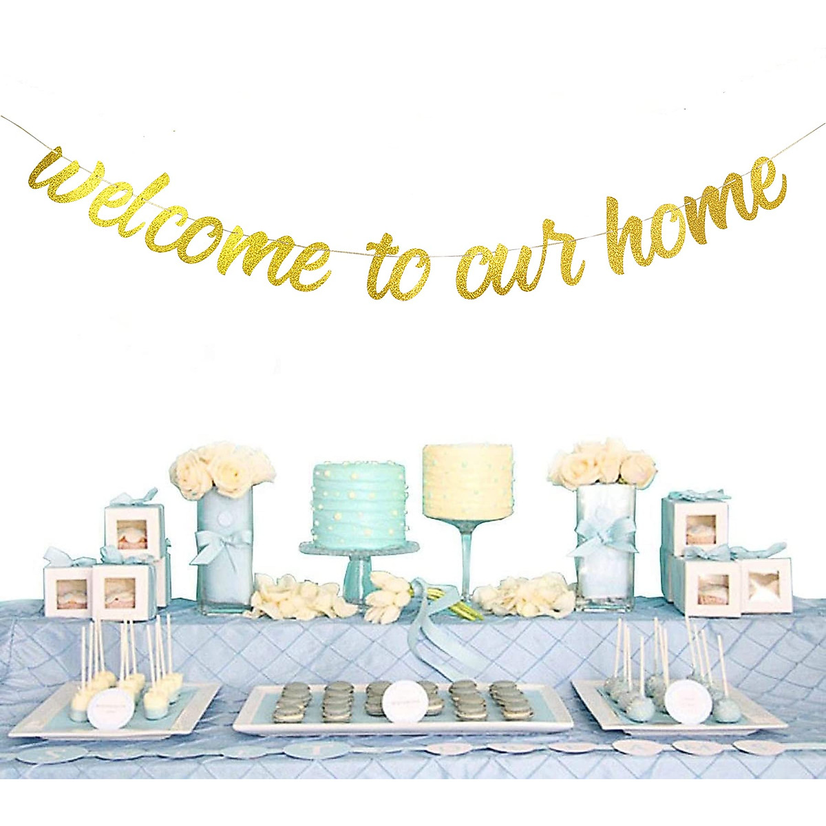 Starsgarden Glitter Gold Welcome to Our Home Banner for Housewarming Patriotic Military Decoration Family Party Supplies Cursive Bunting Photo Booth Props Sign(Gold Home)