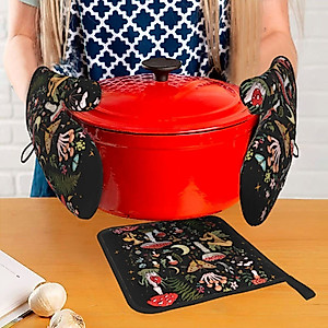 Cute Mushroom Oven Mitts and Pot Holders Sets of 3,Funny Black Gothic Witchy Gifts Heat Resistant Kitchen Mitts Non Slip Washable for Cooking Grilling Baking BBQ Kitchen Decor