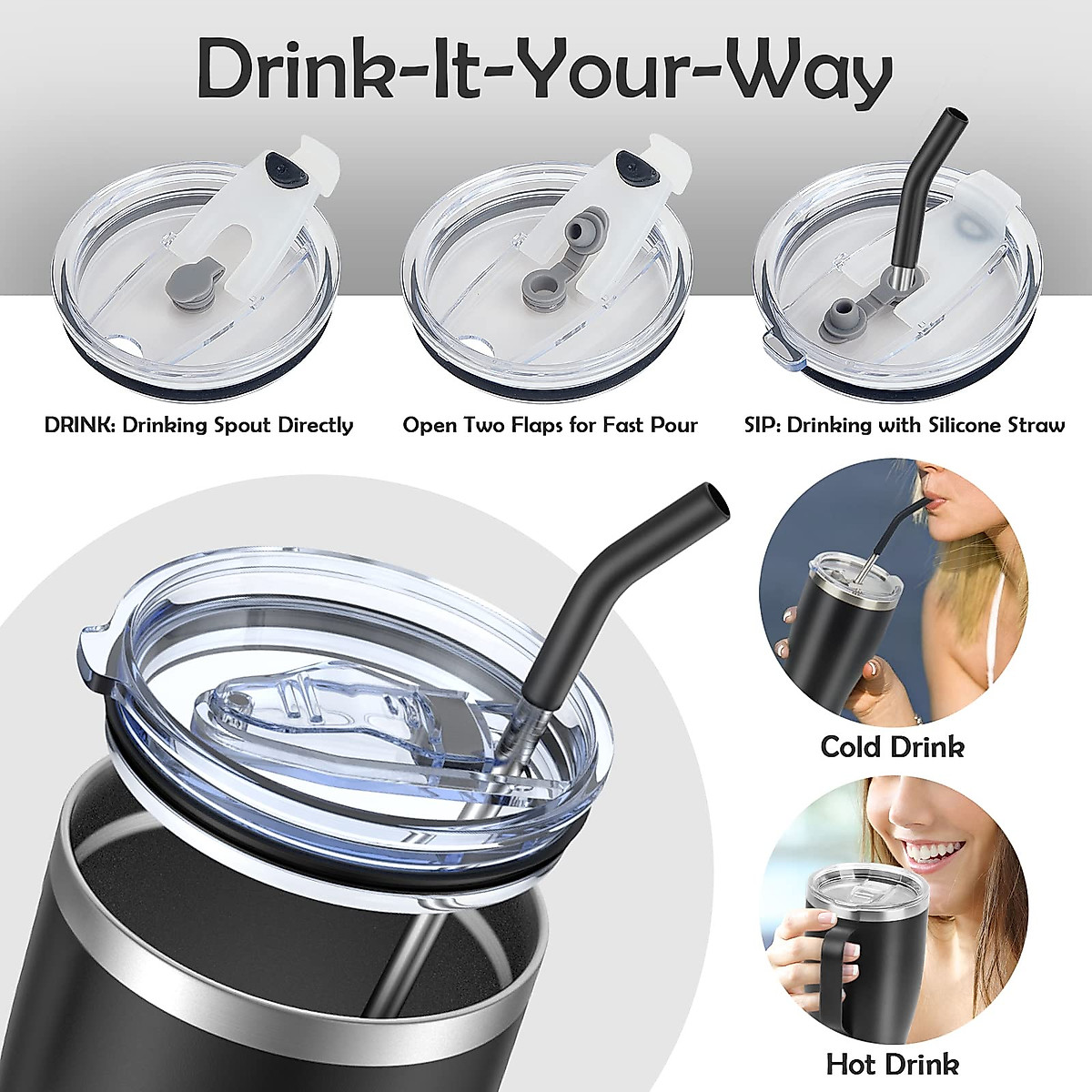 Hamino 30 oz Tumbler with Handle and Straw Lids, Double-Wall Vacuum Travel Coffee Mug with Handle, Stainless Steel Insulated Coffee Tumbler Cup for Home Office Travel HOT COLD Drinks (Black)