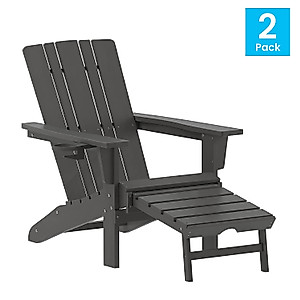 Flash Furniture Halifax Poly Resin Adirondack Chair with Cup Holder and Pull Out Ottoman, All-Weather Poly Resin Indoor/Outdoor Lounge Chair, Set of 2, Gray