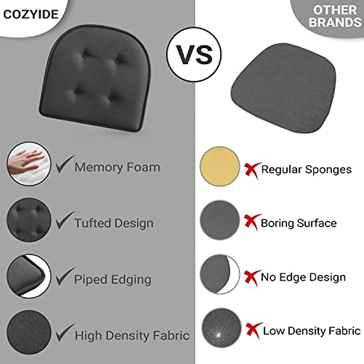 Cozyide U-Shaped Chair Cushions for Dining Chairs 4 Pack, Memory Foam Chair Pads with Tufted Design and Non-Slip Backing, 17" x 16", Dark Grey