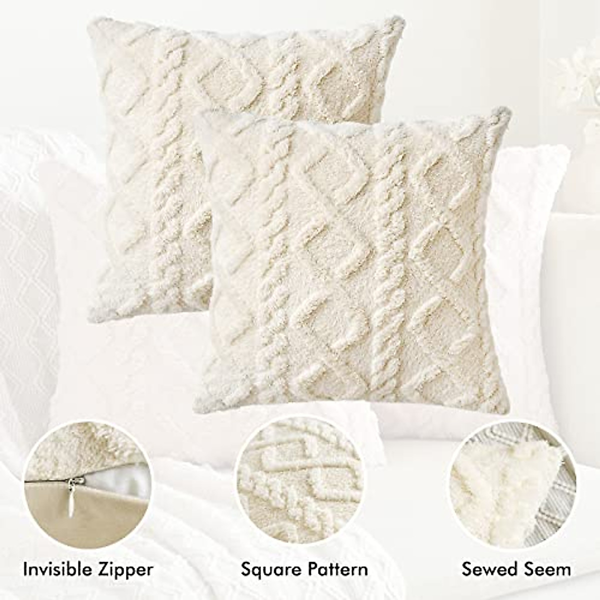 MIULEE Pack of 2 Decorative Faux Wool Throw Pillow Covers Soft Plush Fuzzy Short Fleece Square Patterned Cushion Cases Solid Pillowcases Couch for Bed Sofa Living Room 18 X 18 Inch Beige