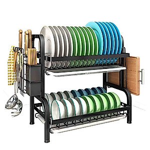 2 Tier Kitchen Dish Drain Rack, Anti Rust Carbon Steel Countertop Organizer, with Utensil & Board Holder & Chopstick Holder