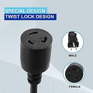 Generator Power Cord Adapter, Locking Adapter Household 3 Prong 15 Amp 125V NEMA 5-15P Male Plug to 20 Amp 125V NEMA L5-20R Locking Female Connector, Black