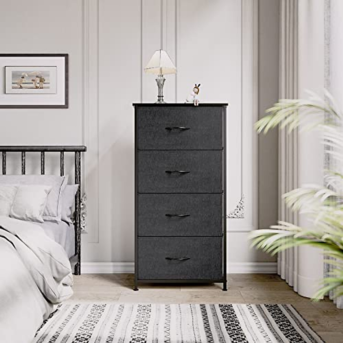 YITAHOME Storage Tower with 4 Drawers - Fabric Dresser, Organizer Unit for Bedroom, Living Room, Closets & Nursery - Sturdy Steel Frame, Easy Pull Fabric Bins & Wooden Top (Black/Grey)