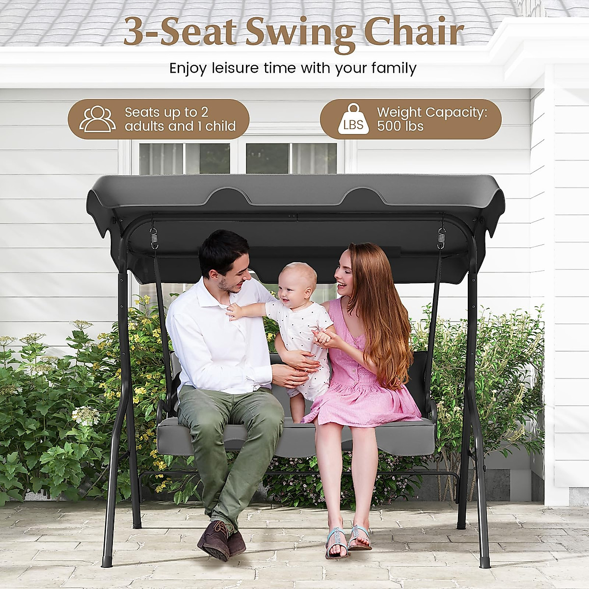 RELAX4LIFE 3-Person Porch Swing Chair - Outdoor Swing w/Adjustable Canopy, Removable Cushion & Metal Frame Stand, 3 Seat Swing Bench for Backyard Garden Poolside, Patio Swing for Adults (Grey)