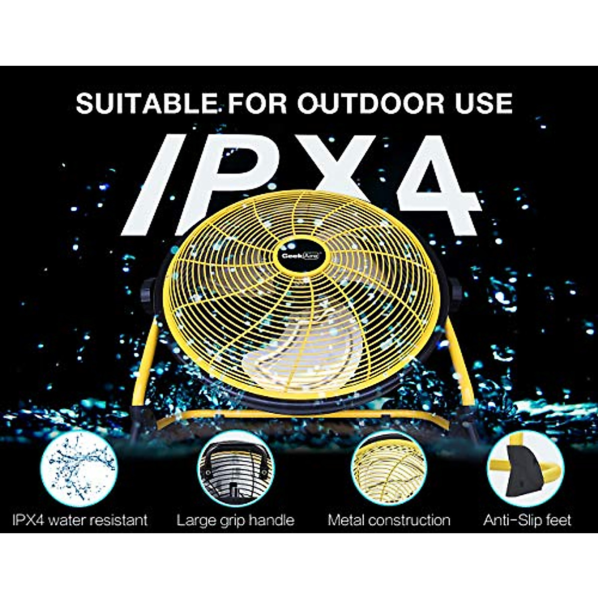 Geek Aire Rechargeable Outdoor High Velocity Camping Floor Fan, 16” Portable Battery Operated Fan with Metal Blade for Garage Barn Gym Camp, Cordless Industrial Fan, Camping Gear Accessories