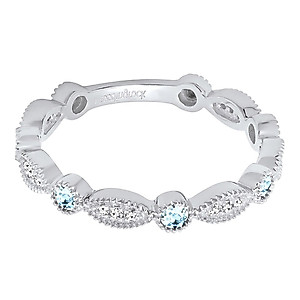 Dazzlingrock Collection Alternating Round Aquamarine & White Diamond 7 Stone Stackable Wedding Band Ring for Women in 14K White Gold, Size 8.5