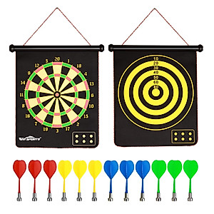 WIn SPORTS Magnetic Dart Board Kids Game,Two Sided Roll Up Dartboard,Indoor Outdoor Game,15 Inch Kids Darts Board,Includes 12 Magnetic Safe Darts,Easily Hangs Anywhere