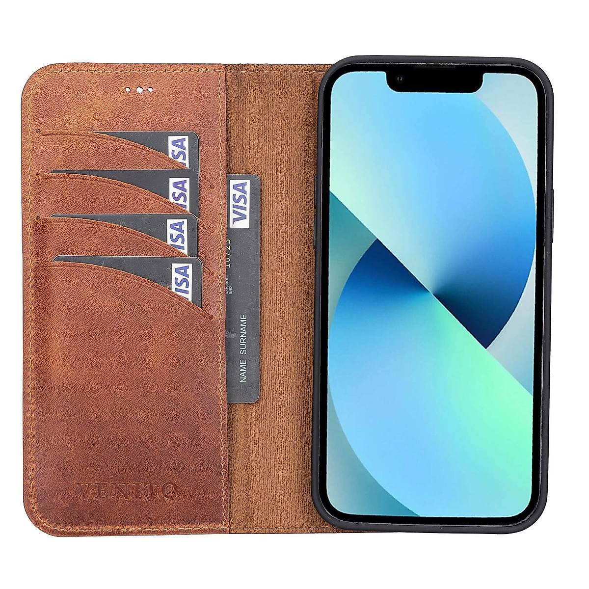 Venito Ravenna Slim Magic Leather Wallet Case for iPhone 13 Pro Max (6.7 in) with a Magnetic Flip & Four Card Slots and a Bill Pocket & Lightweight Frame - Antique Brown
