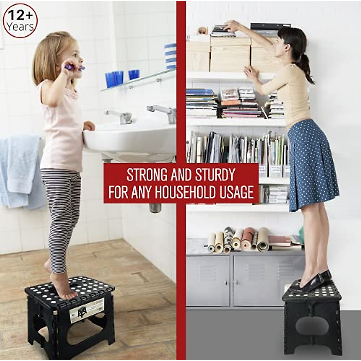 Spranster Super Strong Folding Step Stool - 11" - Sturdy Enough to Hold 300 Lb - Lightweight Foldable Step Stool for Adults and Kids - Opens with one Flip - Great for Kitchen, Bathroom and Bedroom