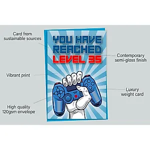 35th Birthday Card, You Have Reached Level 35, Greeting Card for Thirty-Five Year Old Gamer Birthday Gift for Adult Son or Daughter, For Him Her Grandson Granddaughter, Blue
