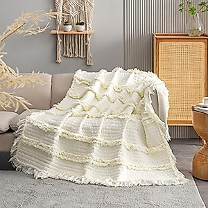 Ultra Soft Pre-Washed Quilted Throw Blanket, Ruffle Fringed Cream Boho Decorative Throw, Stone Washed Chic Rustic Blanket for Sofa Couch Bed Chair, 50"x 60"