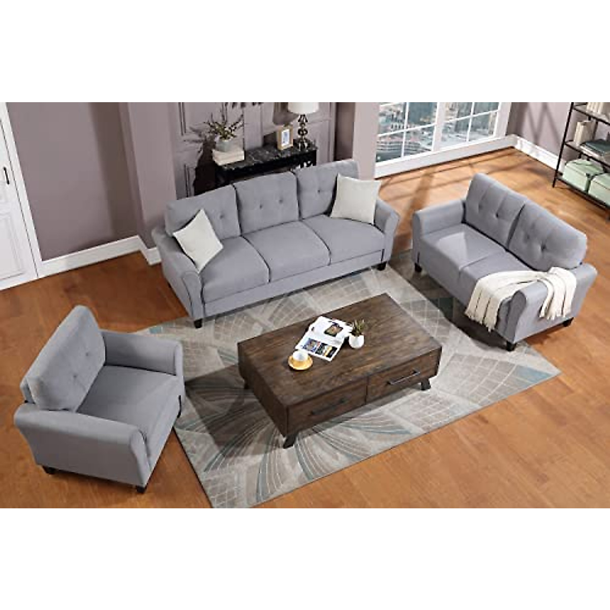 Harper & Bright Designs 3-Piece Living Room Sectional Sofa Set, Modern Style Button Tufted Linen Upholstered Armchair Loveseat Sofa and Three Seat Sofa Set Sectional Couch, Light Grey Blue