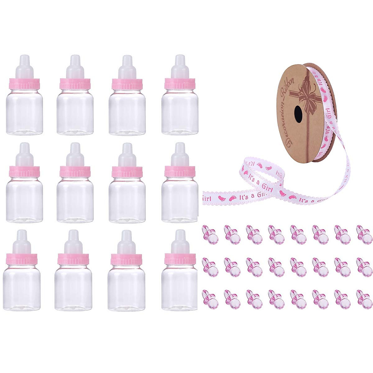 12 Pack Candy Bottles 10 Yards Ribbon and 48 Pack Acrylic Mini Pacifiers for Baby Shower Party Favors Decorations and Supplies by WeddParty (Pink A, 12)