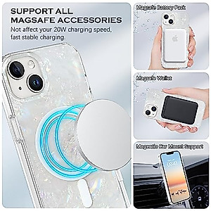 YINLAI Case for iPhone 14 / iPhone 13 [Compatible with MagSafe] Magnetic Slim Glitter Bling Sparkly Pearl Mother-of-Pearl Seashell Women Girly Soft Shockproof Protective Phone Cover 6.1 Inch, White