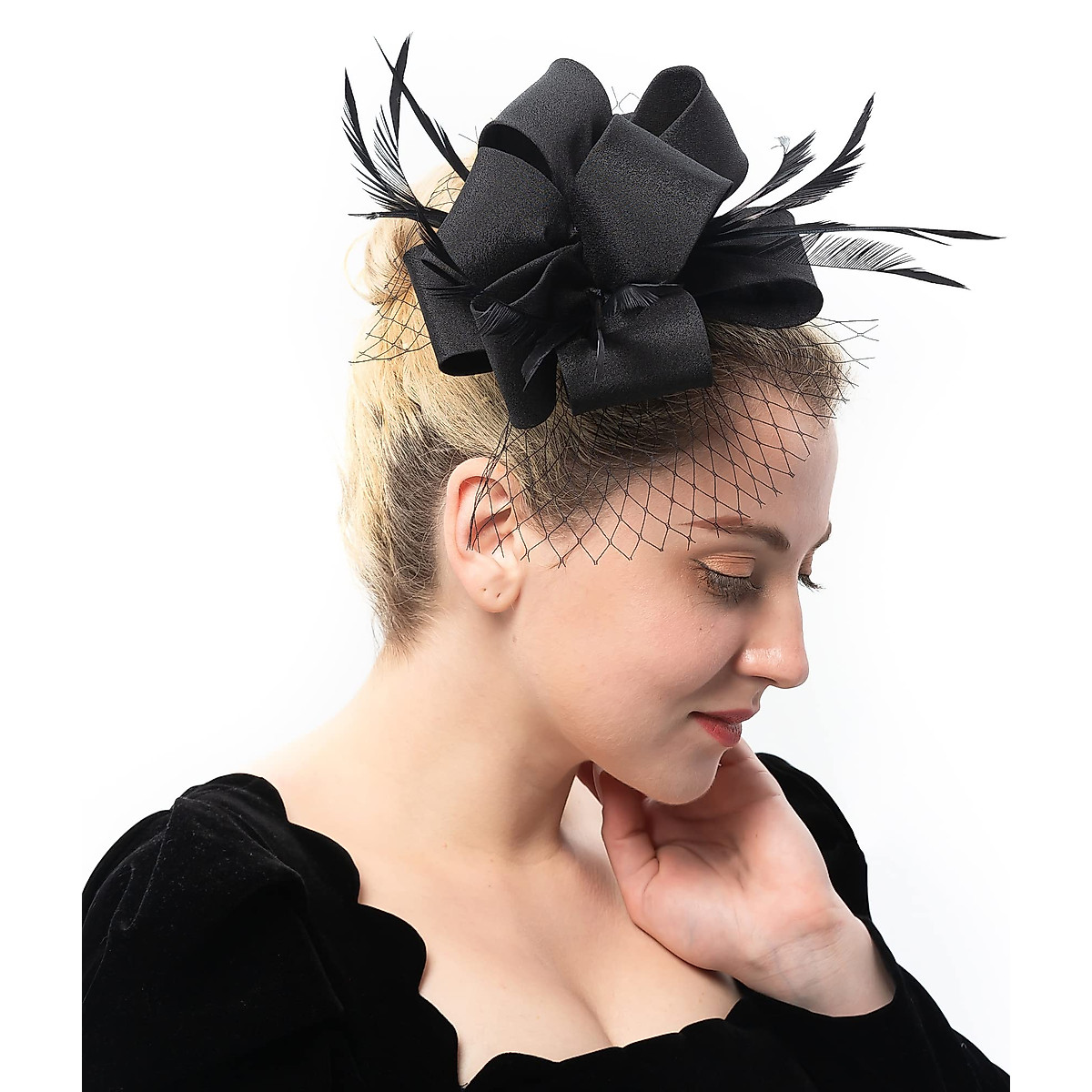 Myjoyday Women's Fascinators Hat for Tea Party Church Cocktail, Feathers Veil Headband with Hair Clip (Black)