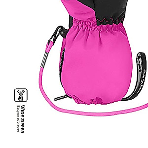 HIGHCAMP Kids Ski Mittens Waterproof Winter Snow Gloves with Zipper and String on Long Cuff for Toddler Boys Girls -Rosa,M (6-8 Y)