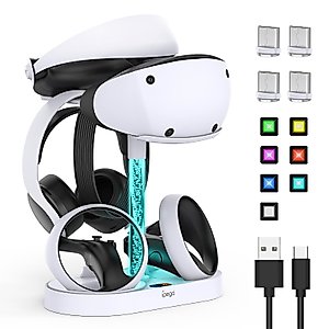 FASTSNAIL Charging Stand for PlayStation VR2, Multifunction Vertical PS VR2 Headset & Sense Controllers Charge Dock Station with 10 RGB Light Modes of Memory, for PS5 VR2 PSP Games Accessories