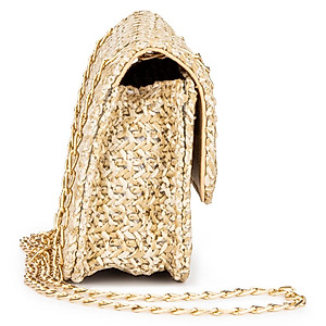 Olivia Miller Women's Fashion Mini Theodore Natural Straw w Double Chain n Front Flap, Beige Mini Crossbody Bag w Convertible Strap, Evening Everyday Casual Work Purse Handbag