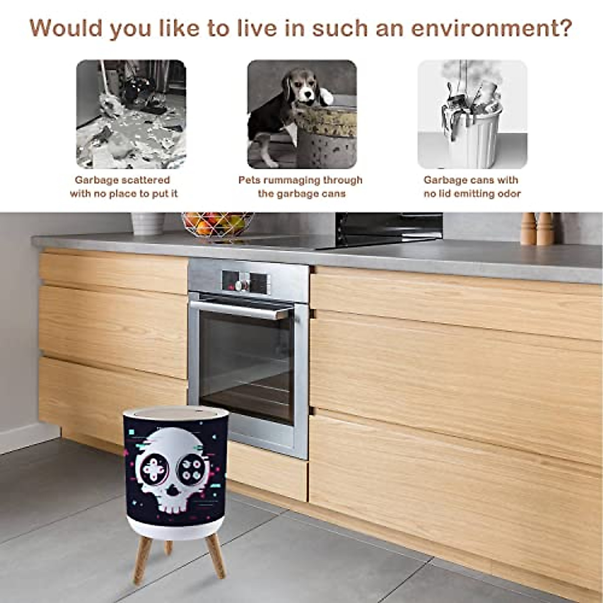 IKFLWJUTFW Small Trash Can with Lid Game over glitchy sign skull and gamepad Video symbol Gamer 7 Liter Garbage Elasticity Press Cover Kitchen Bathroom Office Fashion Paper Basket 1.8 Gallon Color6