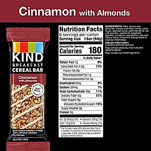KIND Breakfast Cereal Bars, Gluten Free Snacks, Cinnamon with Almonds, 9.3oz Box (6 Bars)
