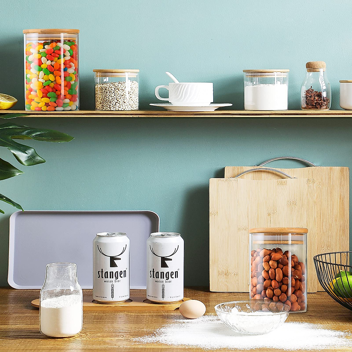 4 Pack Glass Storage Jars with Airtight Bamboo Lid, Aoeoe 27 OZ Glass Food Storage Jar, Glass Kitchen Canisters, Clear Container for Coffee Bean Storage, Dry Goods, Cookie, Candy, Tea, Spices and More