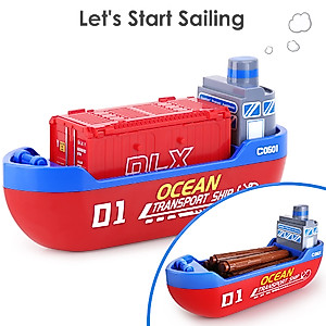 iPlay, iLearn Cargo Truck Toys for 4-5 Year Old Kids, Container Ship Crane Trailer, Transport Logging Trucks, Construction Vehicles Playset W/Forklift Boat, Birthday Gifts for 3 6 7 Boy Toddler Child